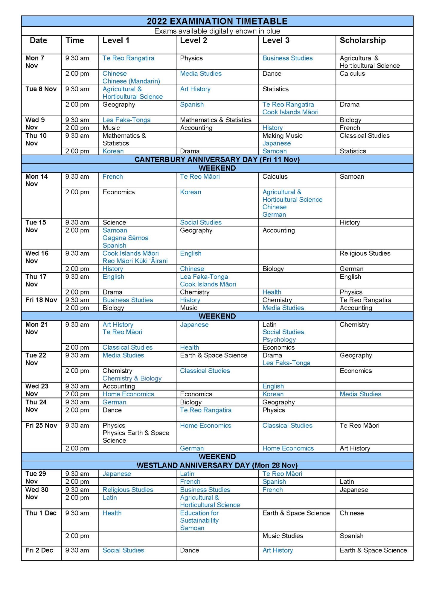 Exam Timetable For Nayland College Students Exam Timetable For Nayland College Students